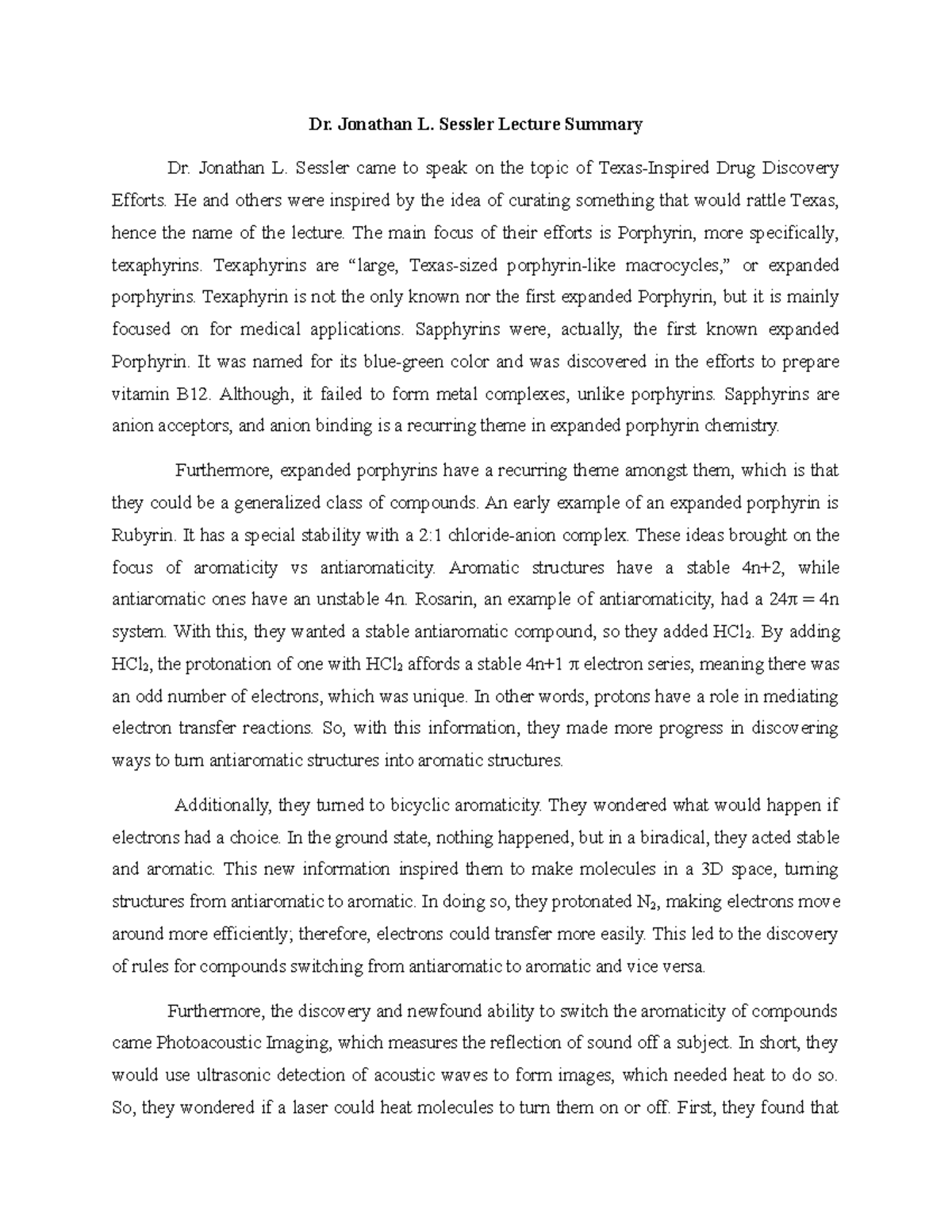 Chem 119 Sessler Lecture Summary - Dr. Jonathan L. Sessler Lecture ...