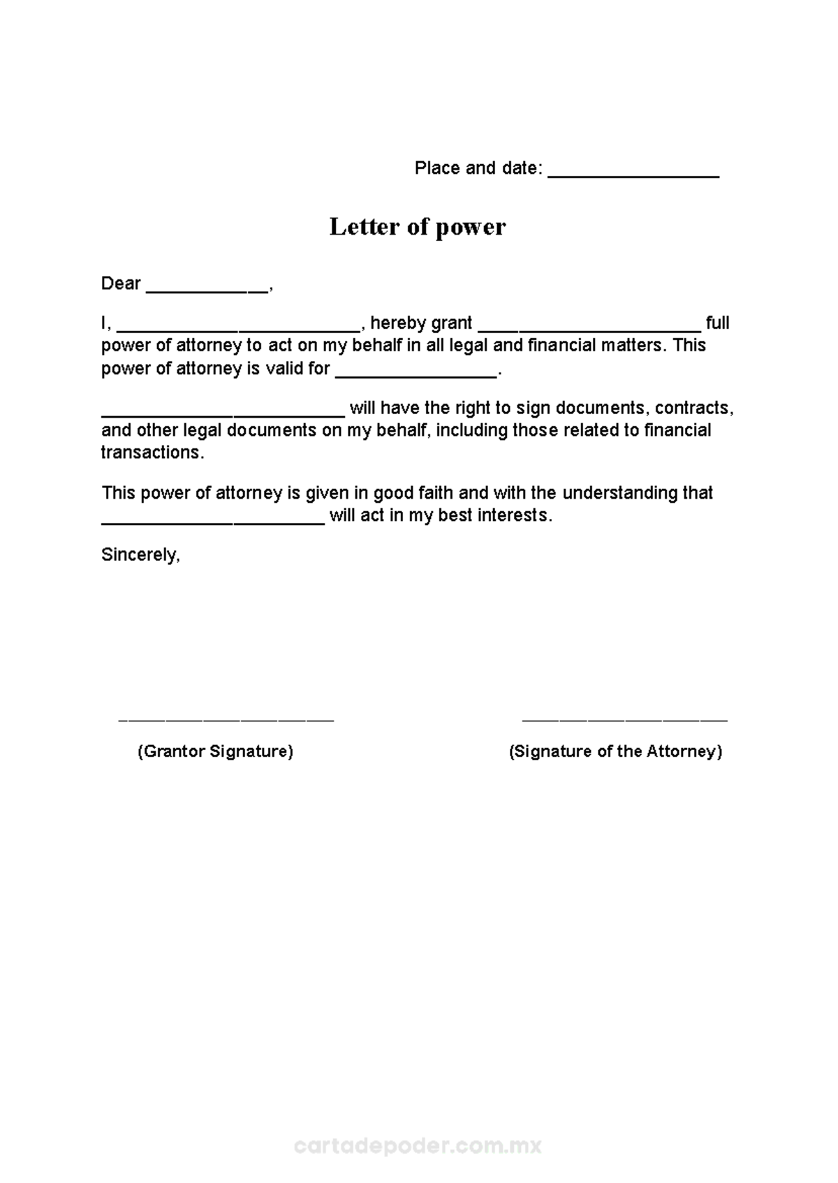 Carta DE Poder EN Inlges - Place and date: _________________ Letter of ...