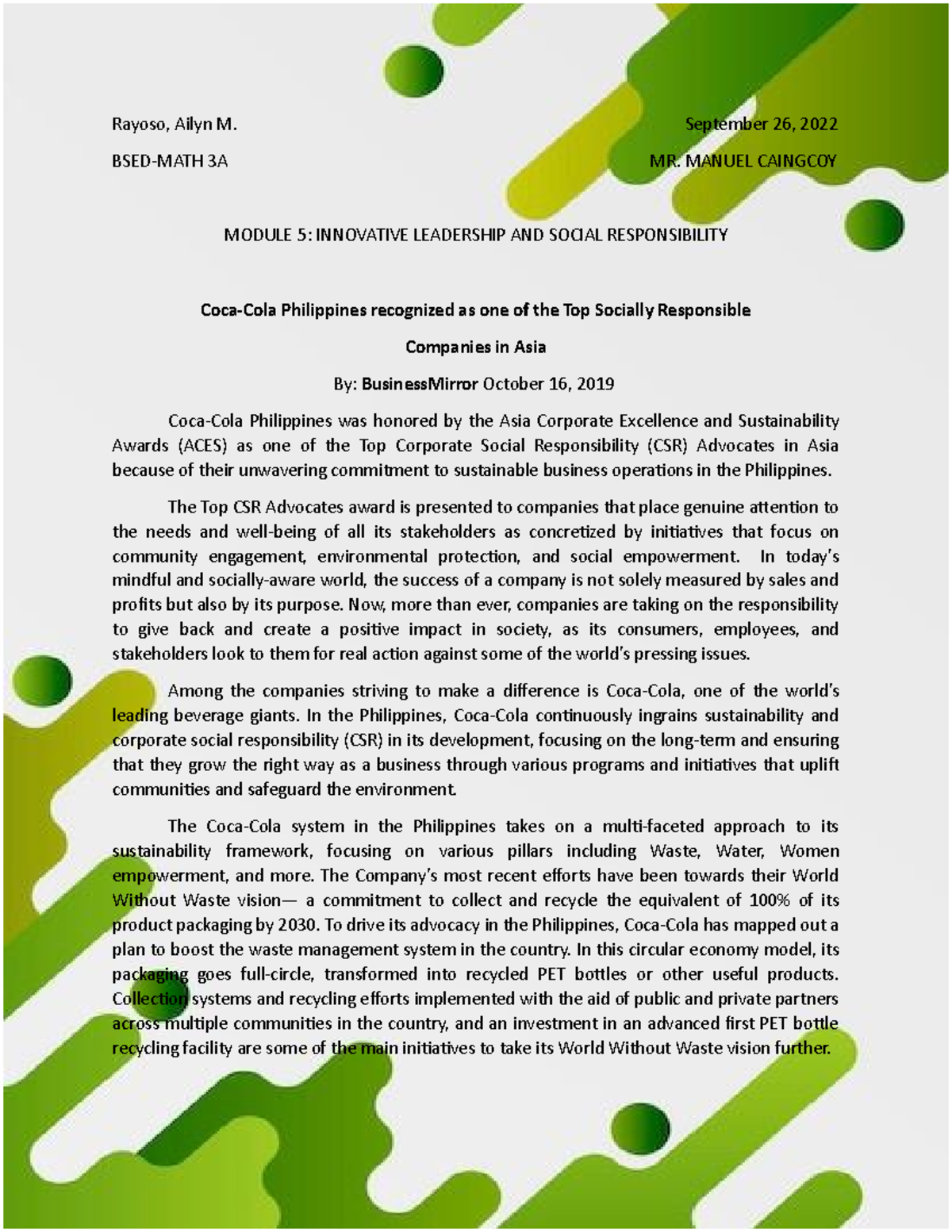 Module 5 Innovative Leadership - Rayoso, Ailyn M. September 26, 2022 ...