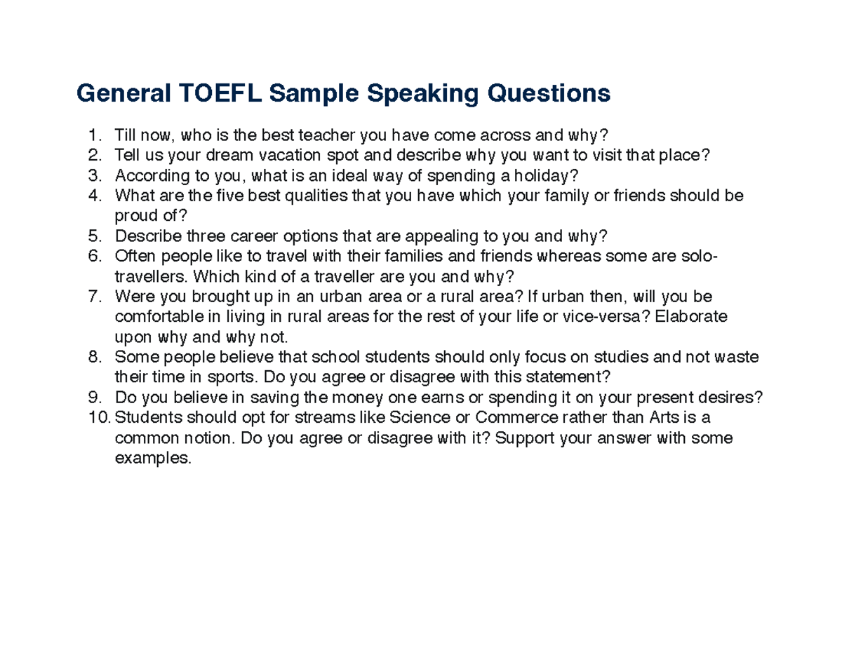 Toefl Speaking Exercises - General TOEFL Sample Speaking Questions Till ...