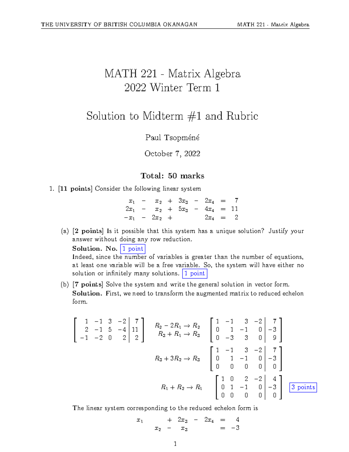 Solution 221 Midterm#1 W2022-T1 Rubric - MATH 221 - Matrix Algebra 2022 ...