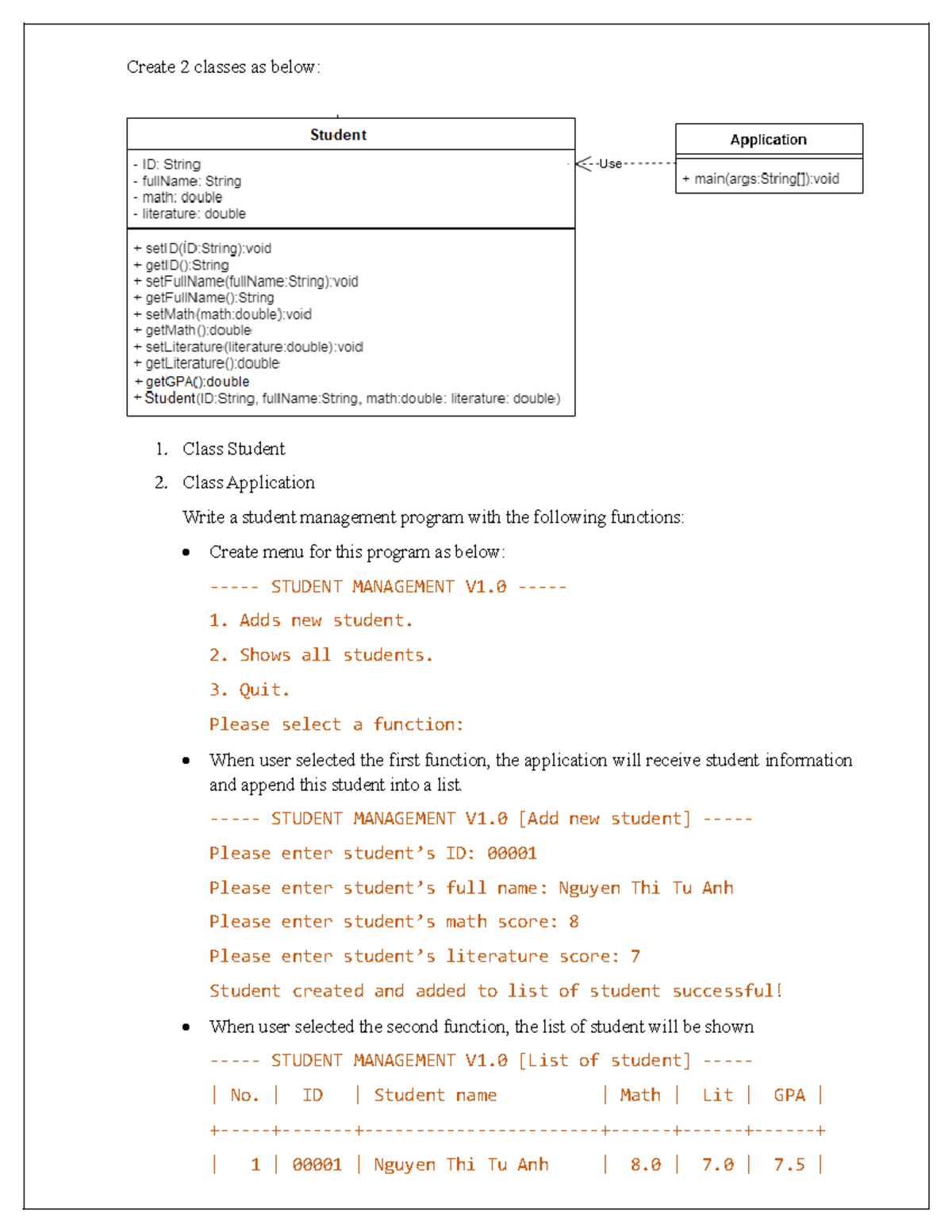 Lab03 Student - wef - Create 2 classes as below: Class Student Class Application Write a student ...