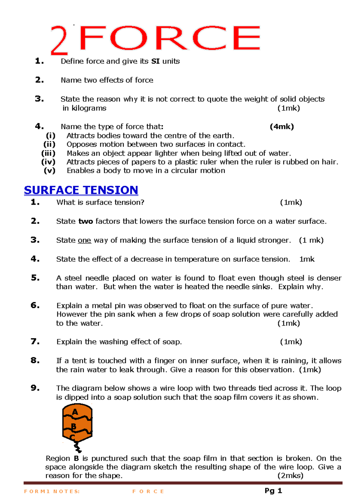 Physics Force Questions - C B A ####### . 1. Define force and give its ...