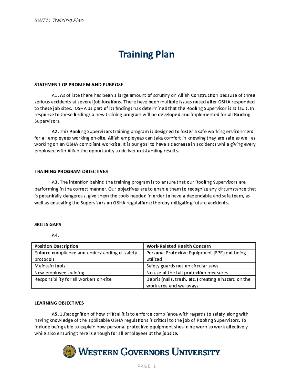 Training Plan C235 Task 1 - XWT1: Training Plan Training Plan STATEMENT ...