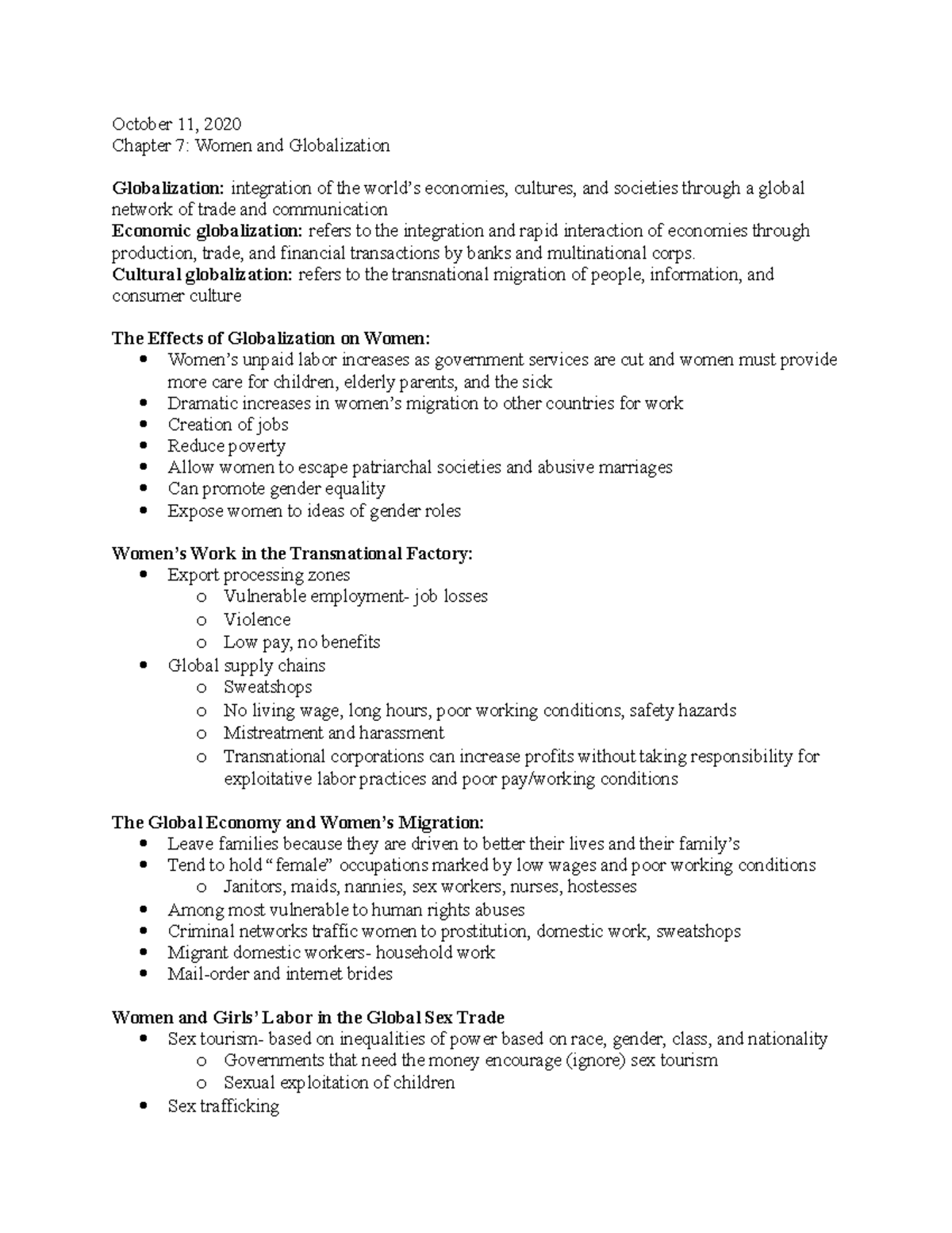 Chapter 7 Notes - Women and Globalization - October 11, 2020 Chapter 7 ...