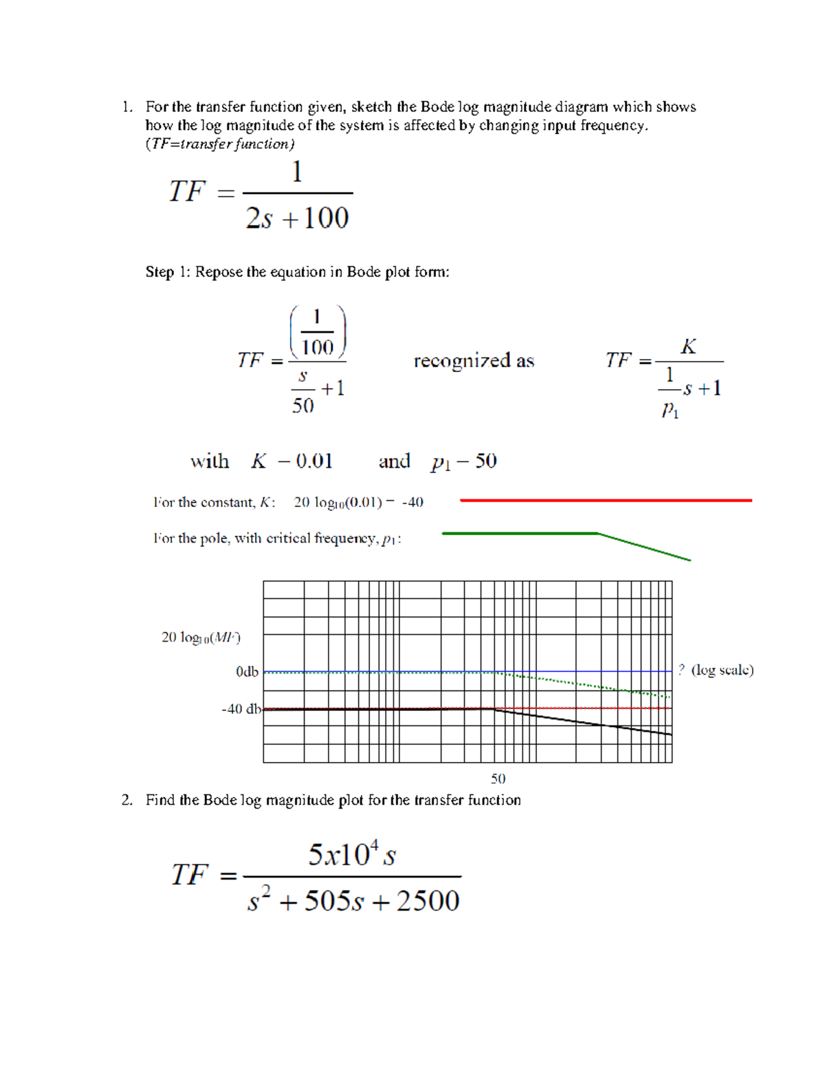 BODE PLOT QUIZ AND Solution - For the transfer function given, sketch the Bode log magnitude ...