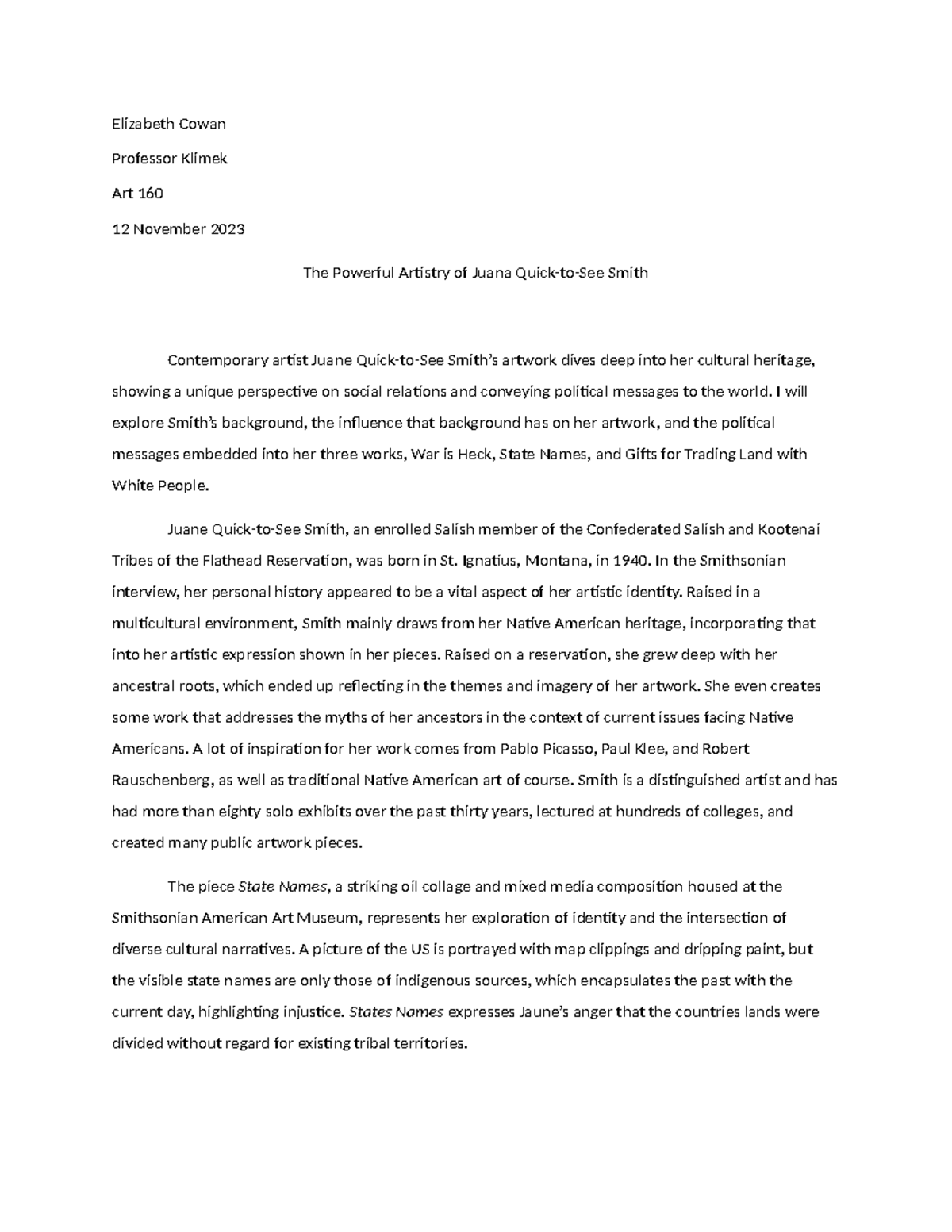 ART1605 - Essay 5 - Elizabeth Cowan Professor Klimek Art 160 12 ...