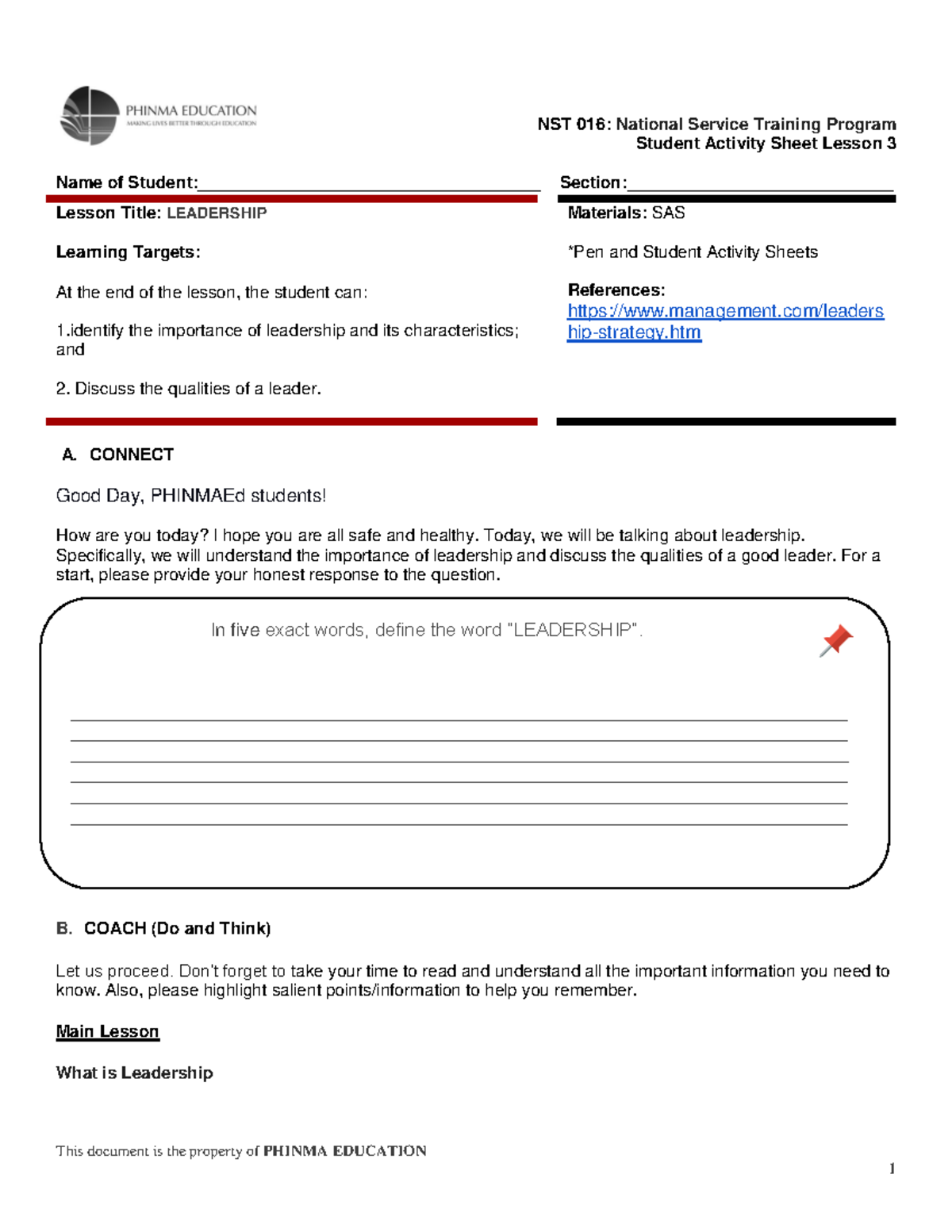 SAS 3 Leadership - Sas - Student Activity Sheet Lesson 3 This document ...
