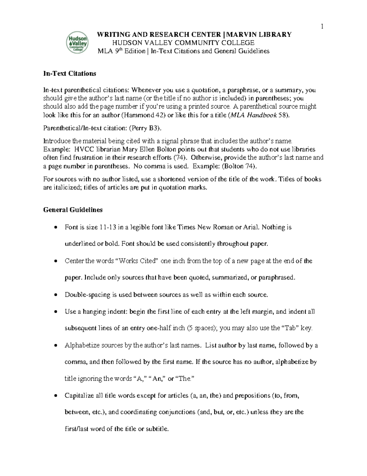 Mla9 in text general guidelines - 1 WRITING AND RESEARCH CENTER ...