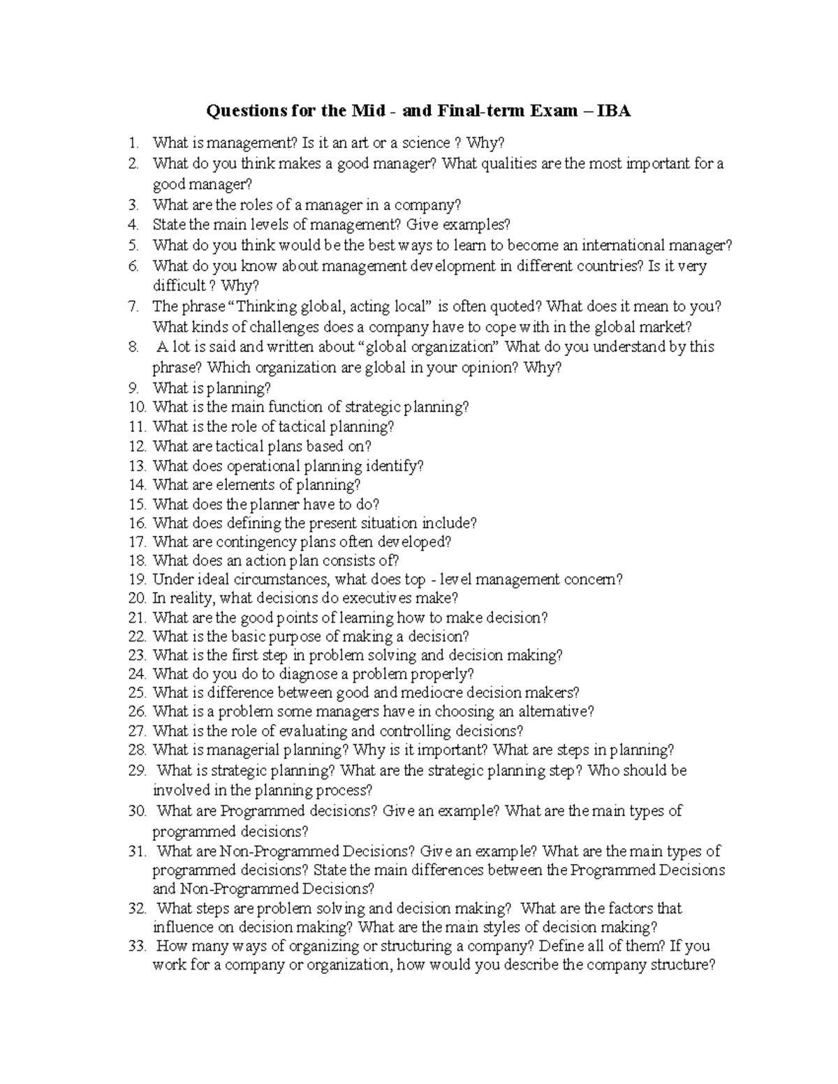 Questions For The Final Exam Questions For The Mid And Final term