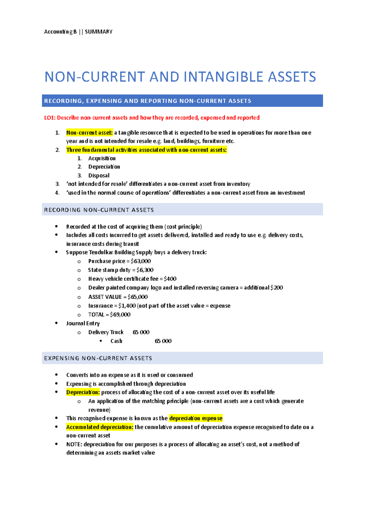 Accounting Summary Notes - NON-CURRENT AND INTANGIBLE ASSETS RECORDING ...