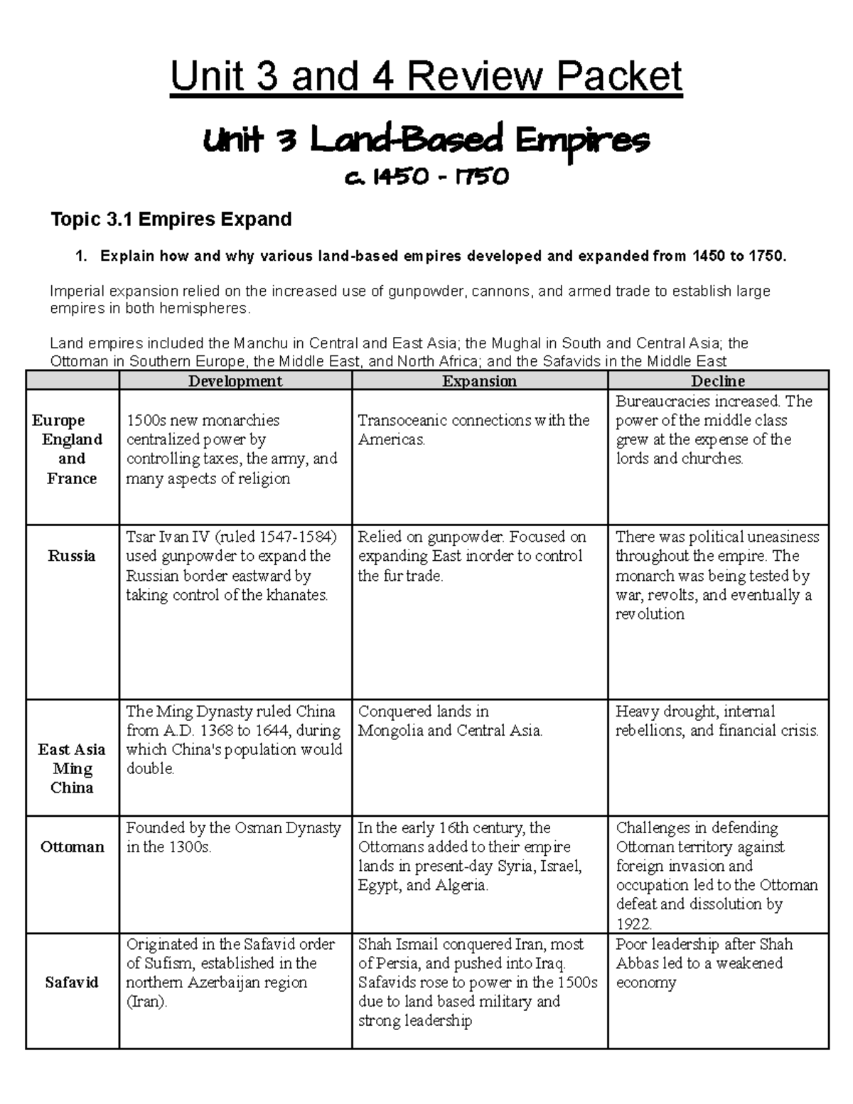 AP World Units 3 & 4 Review Packet - Unit 3 and 4 Review Packet Unit 3 ...