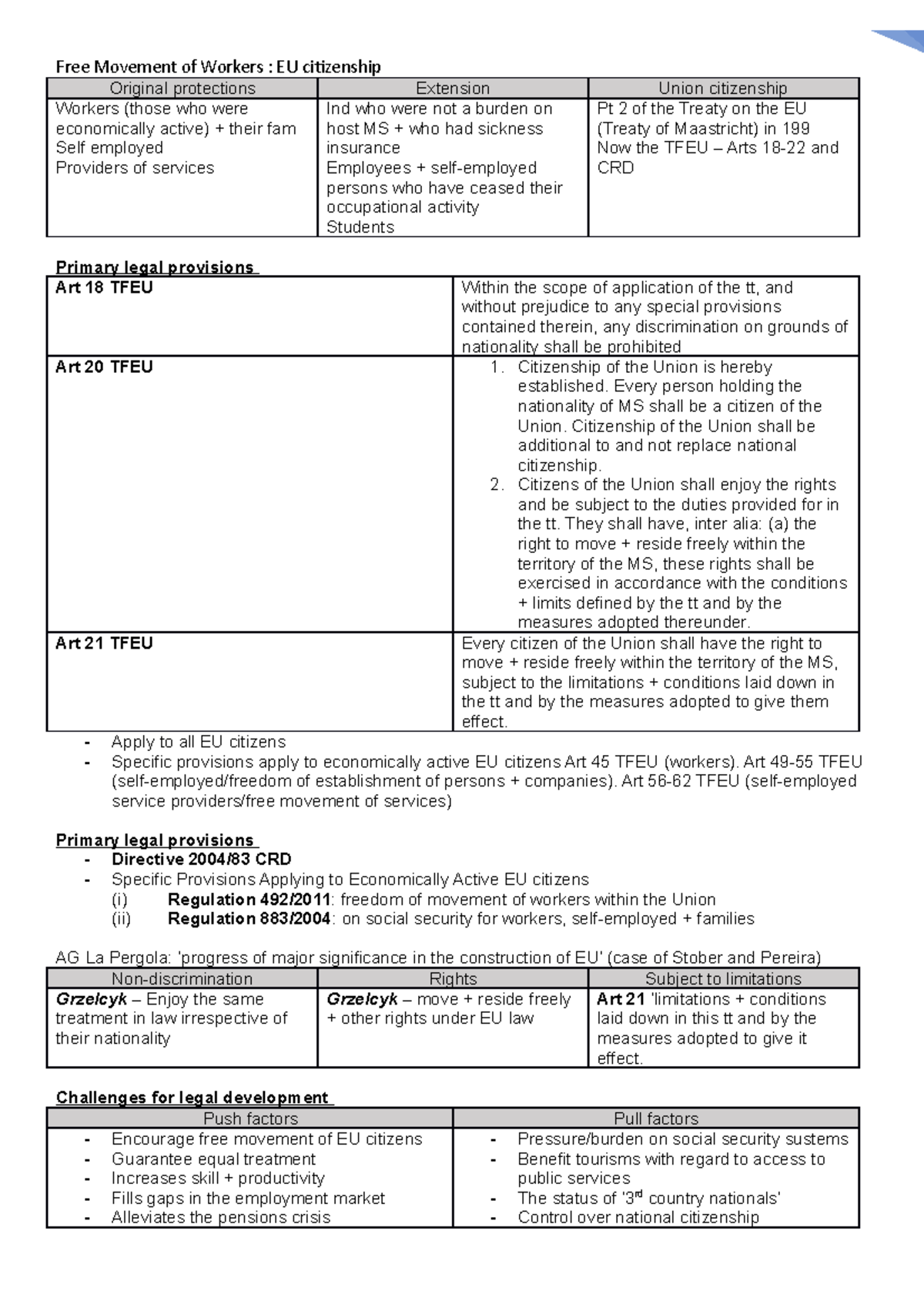 Free movement of person: P EU citizenship - Free Movement of Workers ...