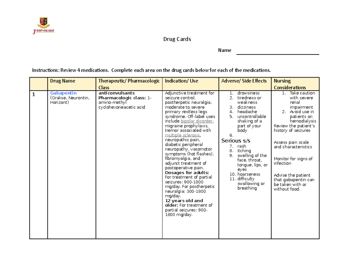 Week 1 - drug cards - Drug Cards Name Instructions: Review 4 ...