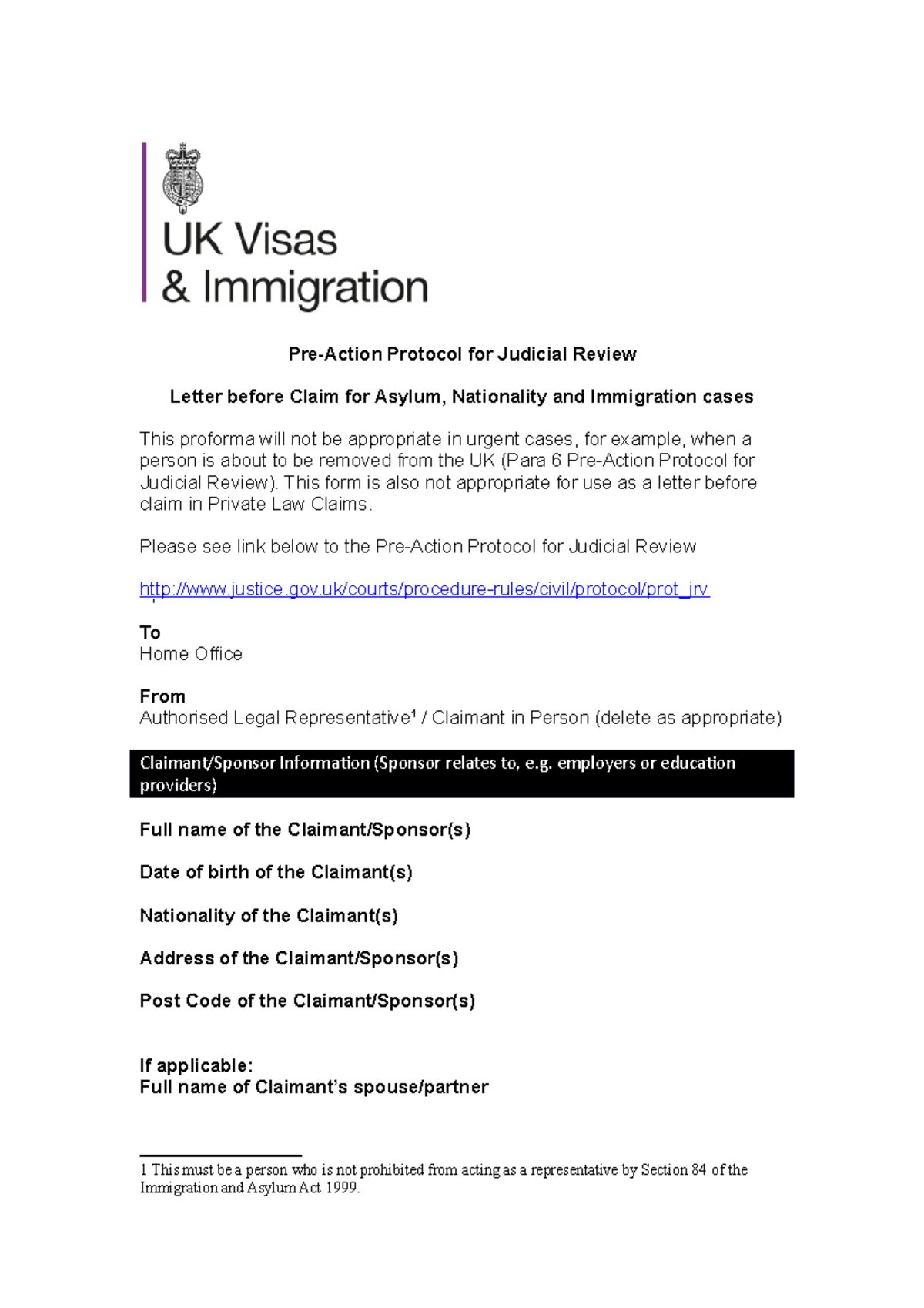 Pre action protocol proforma - Pre-Action Protocol for Judicial Review ...