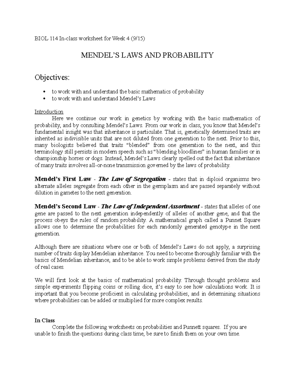 9-15 in-class worksheet on Intro to probability and Mendel's laws1 ...