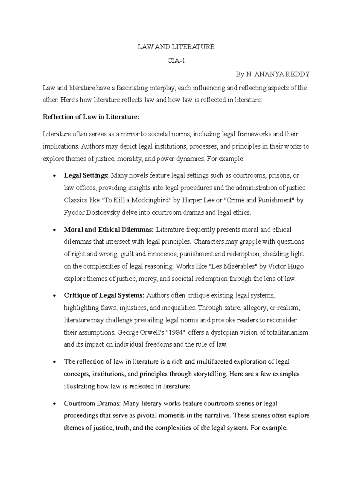 LAW AND Literature - LAW AND LITERATURE CIA- 1 By N. ANANYA REDDY Law ...
