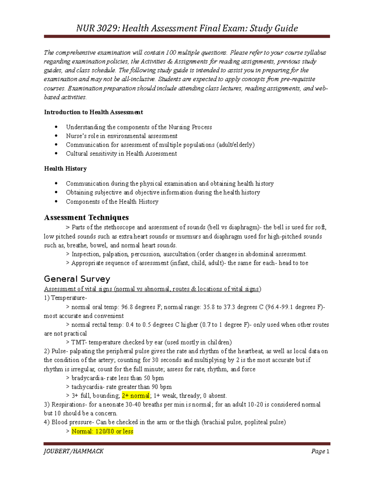 Health Assessment Final-1 - The comprehensive examination will contain ...