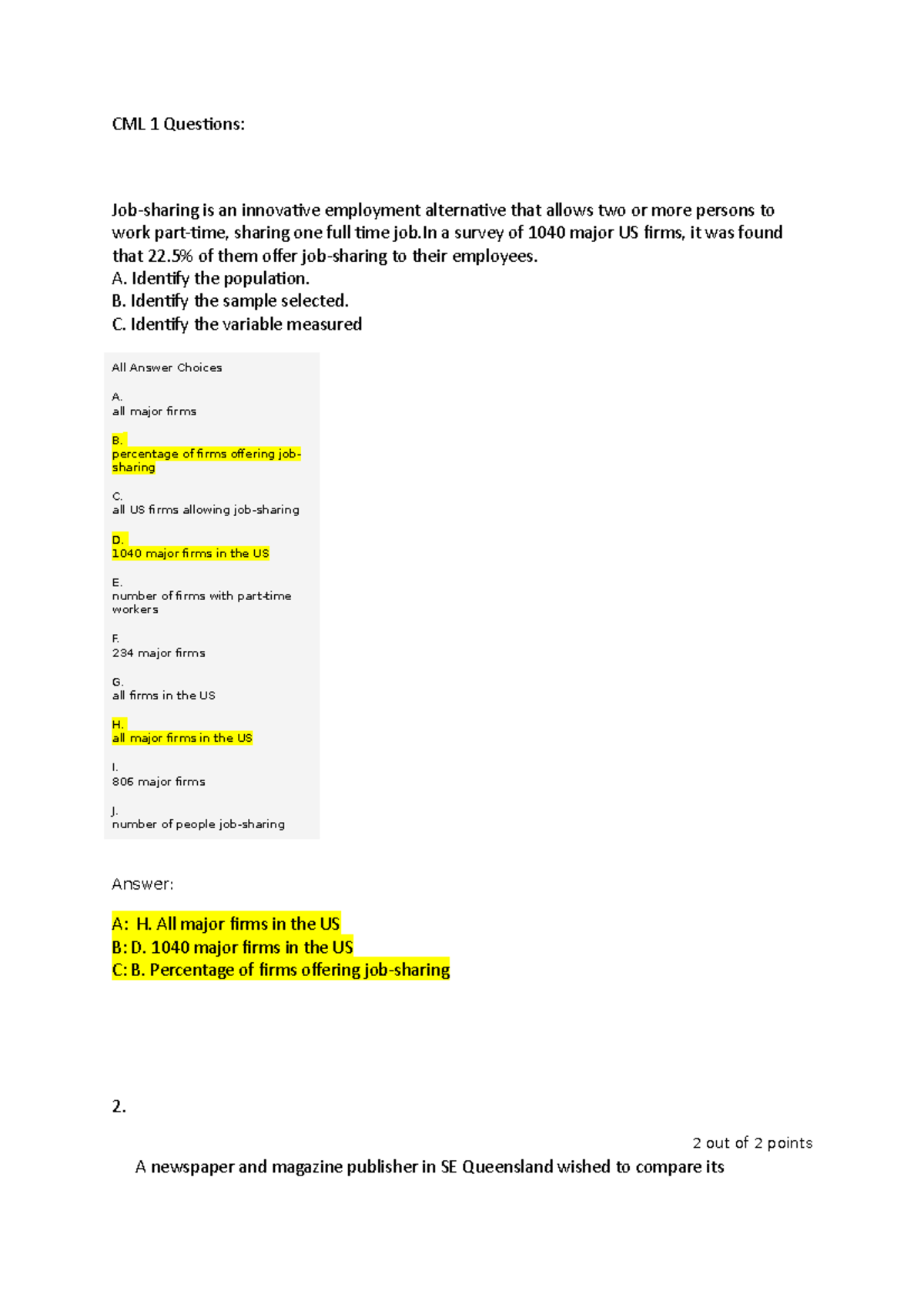 CML 1 Answer - cml1 - CML 1 Questions: Job-sharing is an innovative ...