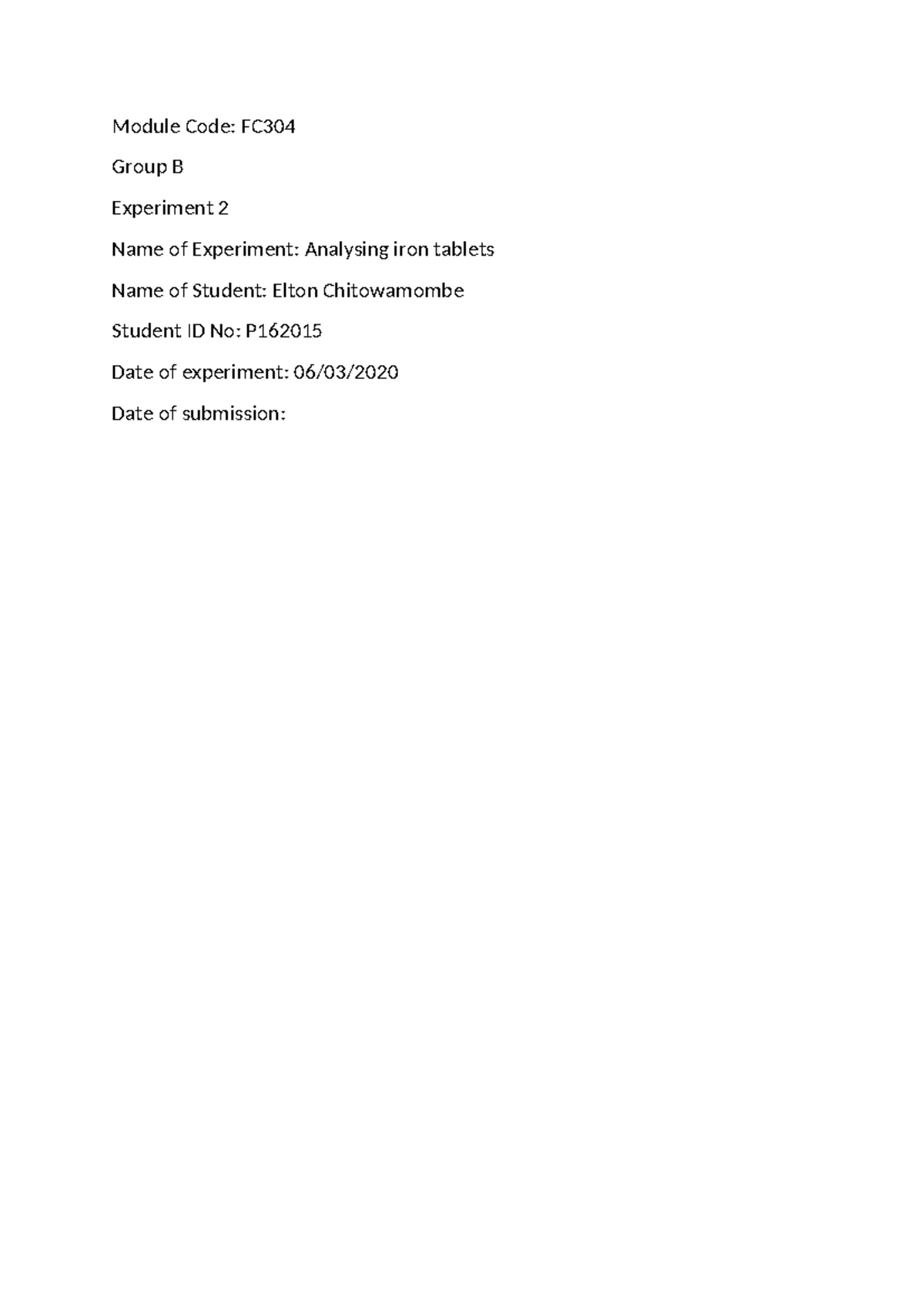 Analysing Iron Tablets Lab Report - Module Code: FC Group B Experiment ...