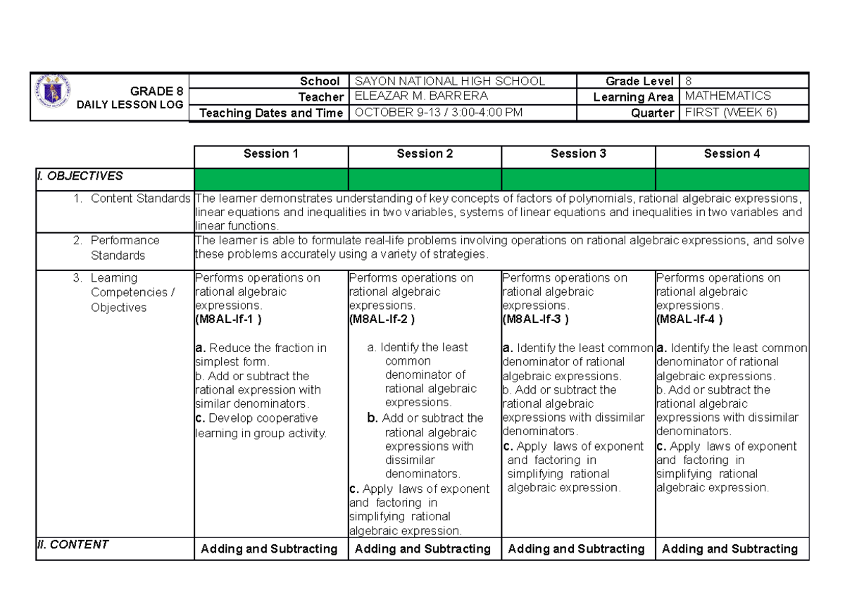 G8DLL Q1 W5 - GRADE 8 DAILY LESSON LOG School SAYON NATIONAL HIGH ...
