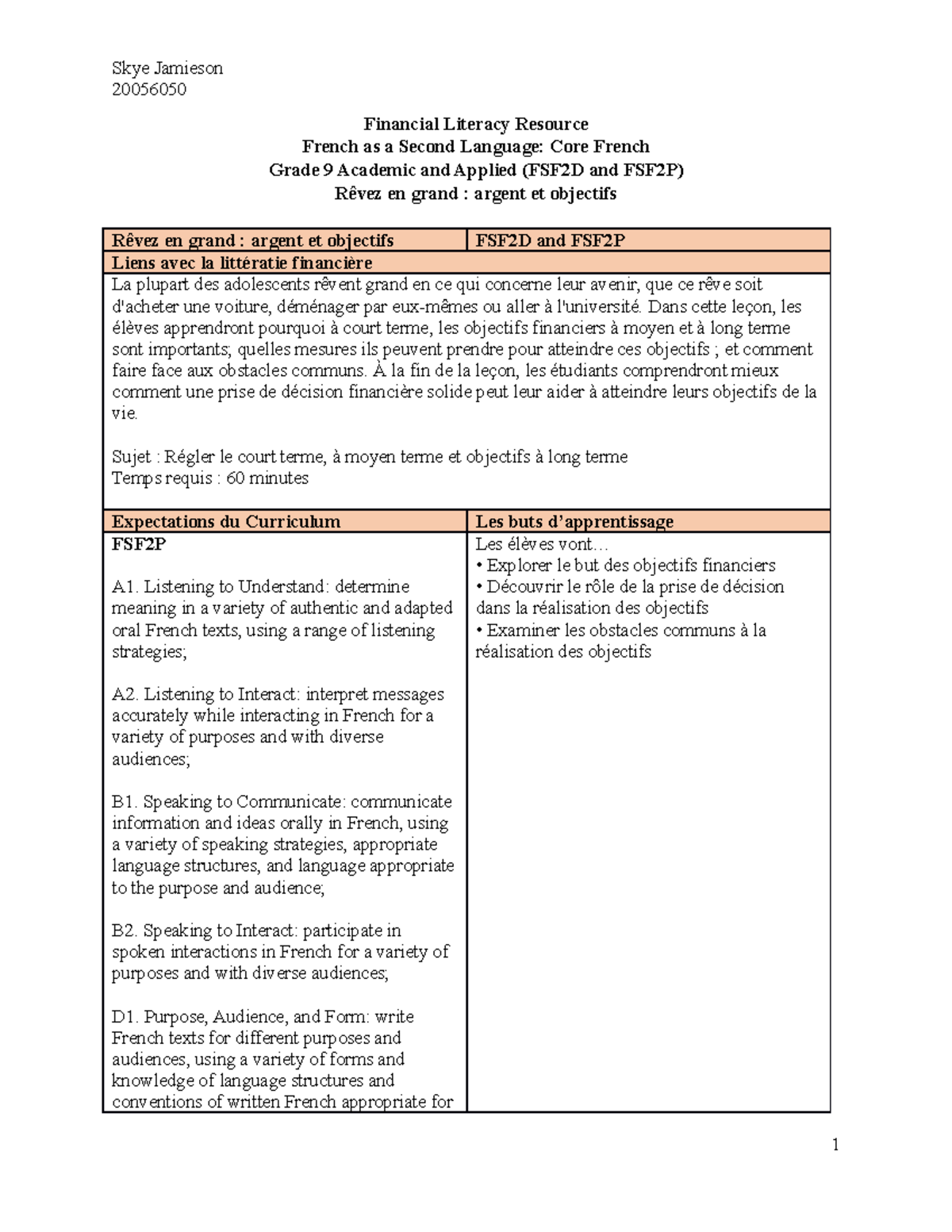 French Financial Literacy Lesson Plan - 20056050 Financial Literacy ...