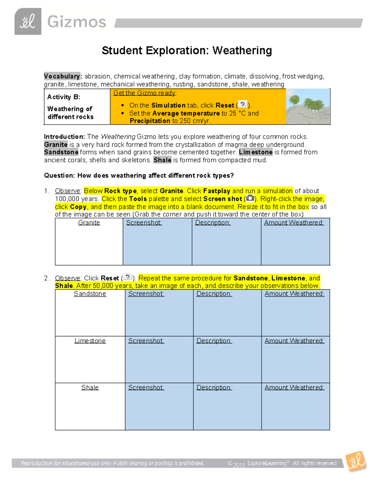 Weathering Gizmo Part B - 2019 Student Exploration: Weathering ...