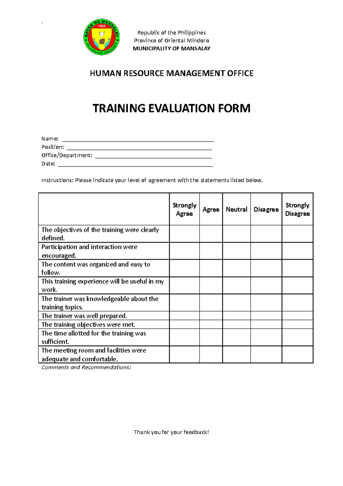 Training Evaluation FORM - ` Republic of the Philippines Province of ...