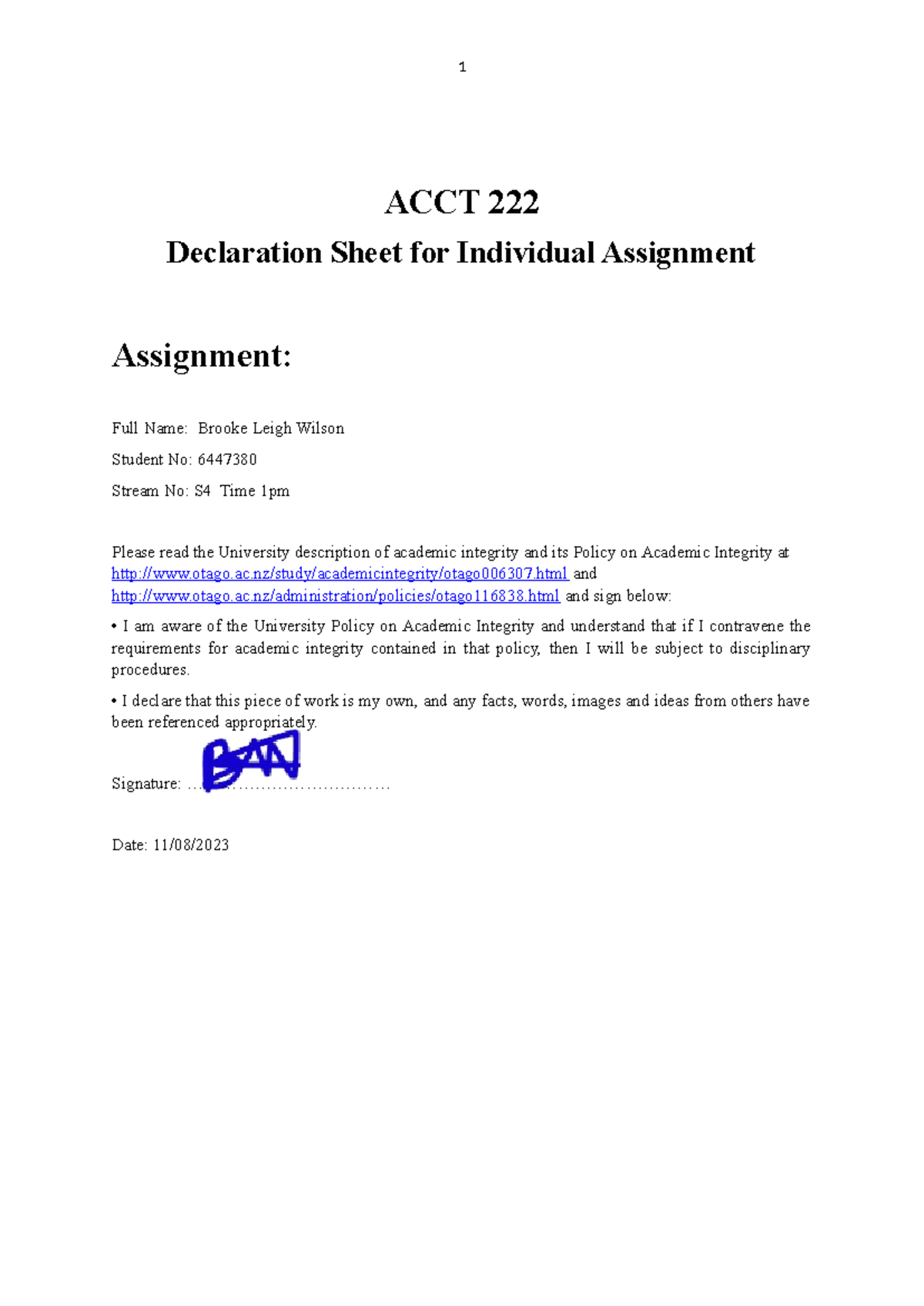 Problem 2 - 1 ACCT 222 Declaration Sheet for Individual Assignment ...