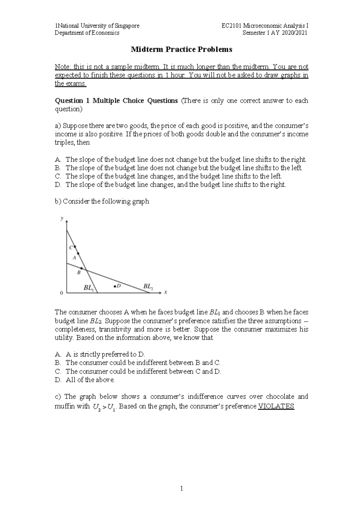 Midterm Practice Problems - Department of Economics Semester 1 AY 2020/202 1 Midterm Practice ...