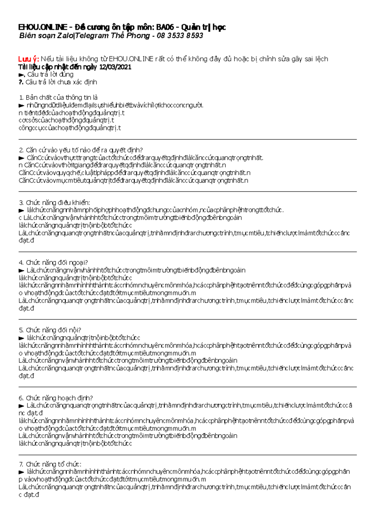 BA06 Quan tri hoc Ehou - EHOU - Đề c ương ôn t ập môn: BA0 6 - Qu ản ...