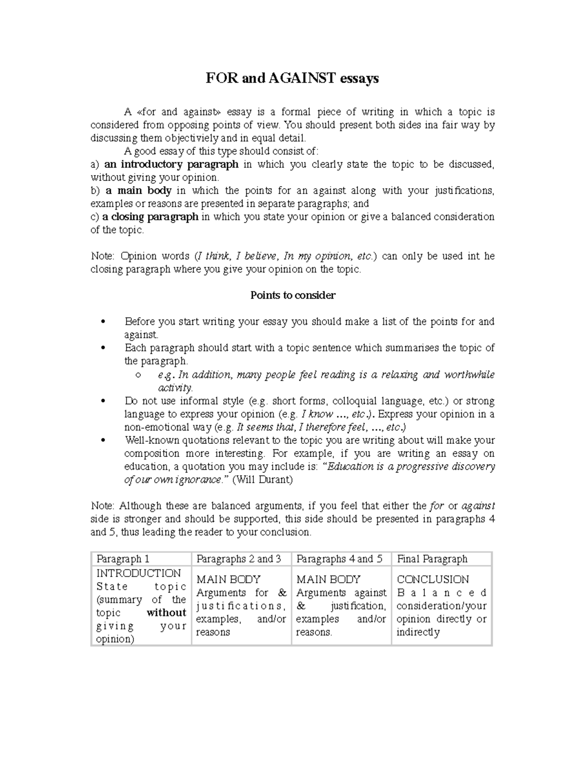 Foragainst - Lecture notes 1 - FOR and AGAINST essays A «for and ...