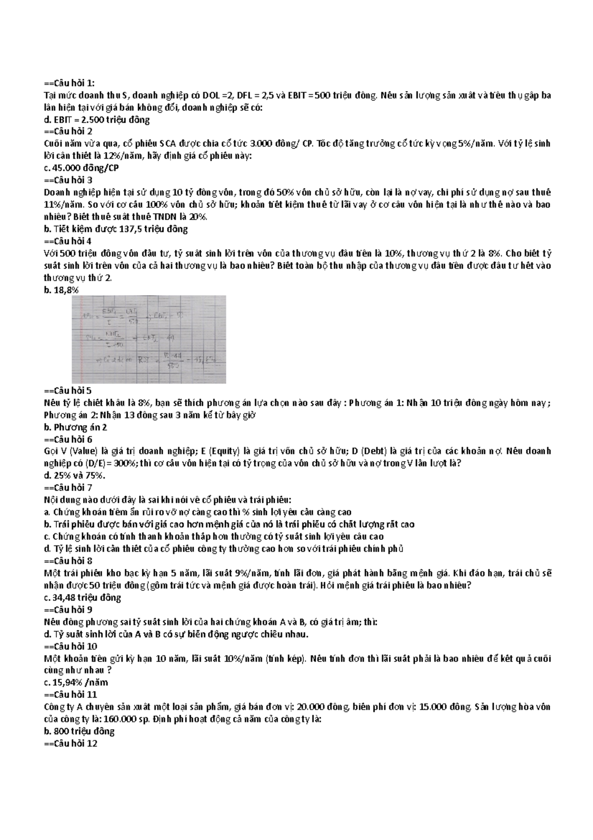 TCDN - tcdn tn - ==Câu h iỏ 1: T i m c doanh thu S, doanh nghi p có DOL =2, DFL = 2,5 và EBIT ...