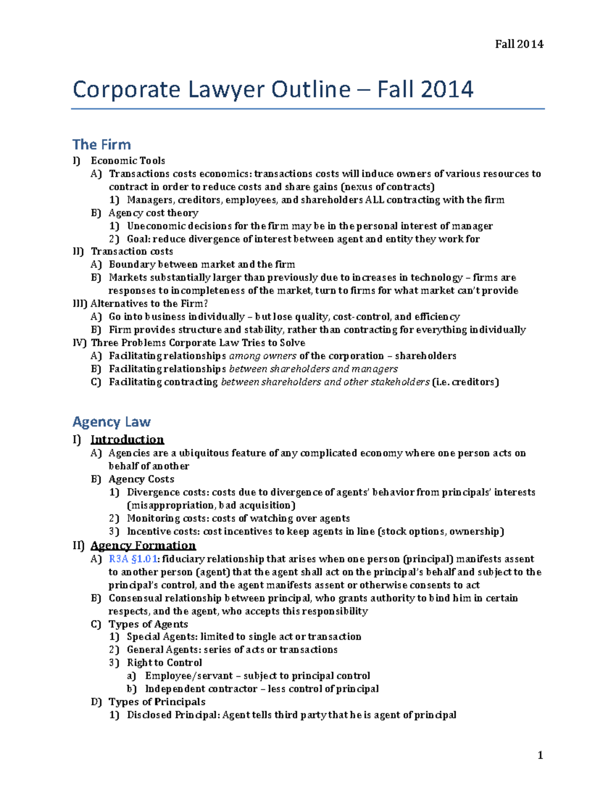 Corp Lawyer Outline - Fall 2014 Corporate Lawyer Outline Fall 2014 The ...