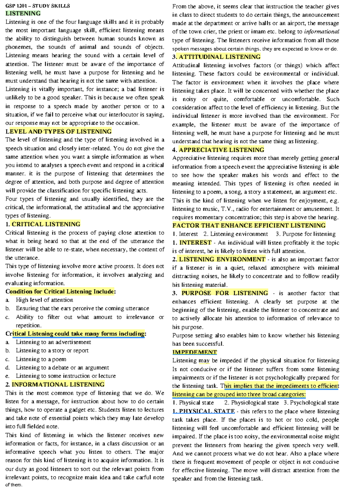 GSP 1201 - Study Skills-1-1-2 - GSP 1201 – STUDY SKILLS LISTENING ...