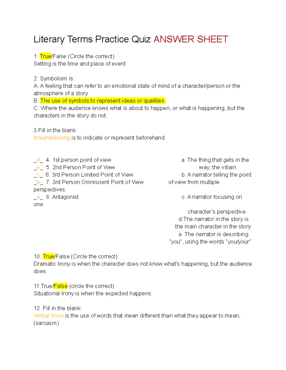 Answer Sheet - so much fun in this school - Literary Terms Practice ...