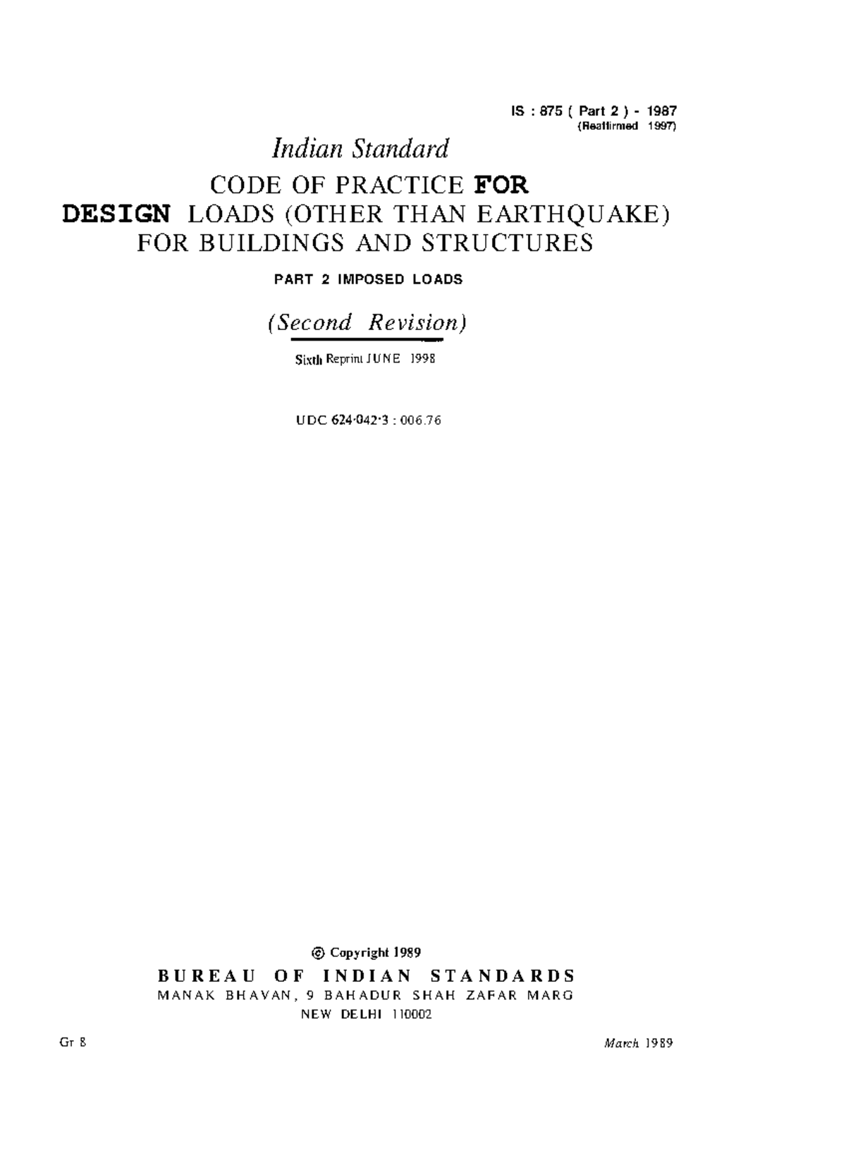 IS 875 Part 2 1987 Code Practice Building Code Requirements For
