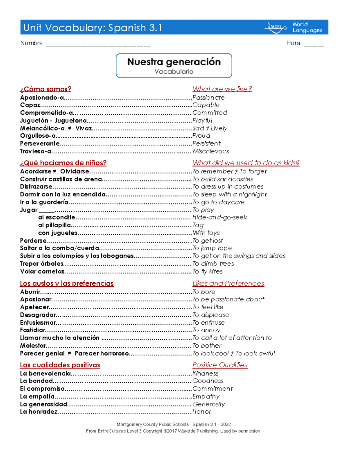 Draft 2 Span3.1 Unit Vocabulary - Unit Vocabulary: Spanish 3. World ...