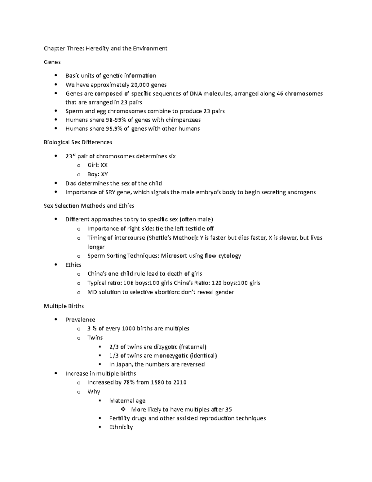 Chapter 3 Notes - Chapter Three: Heredity and the Environment Genes ...