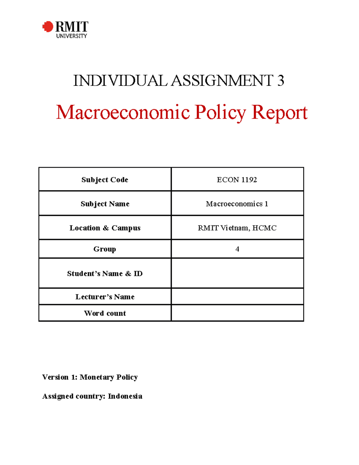 ECON1192 Assignment 3 - INDIVIDUAL ASSIGNMENT 3 Macroeconomic Policy ...