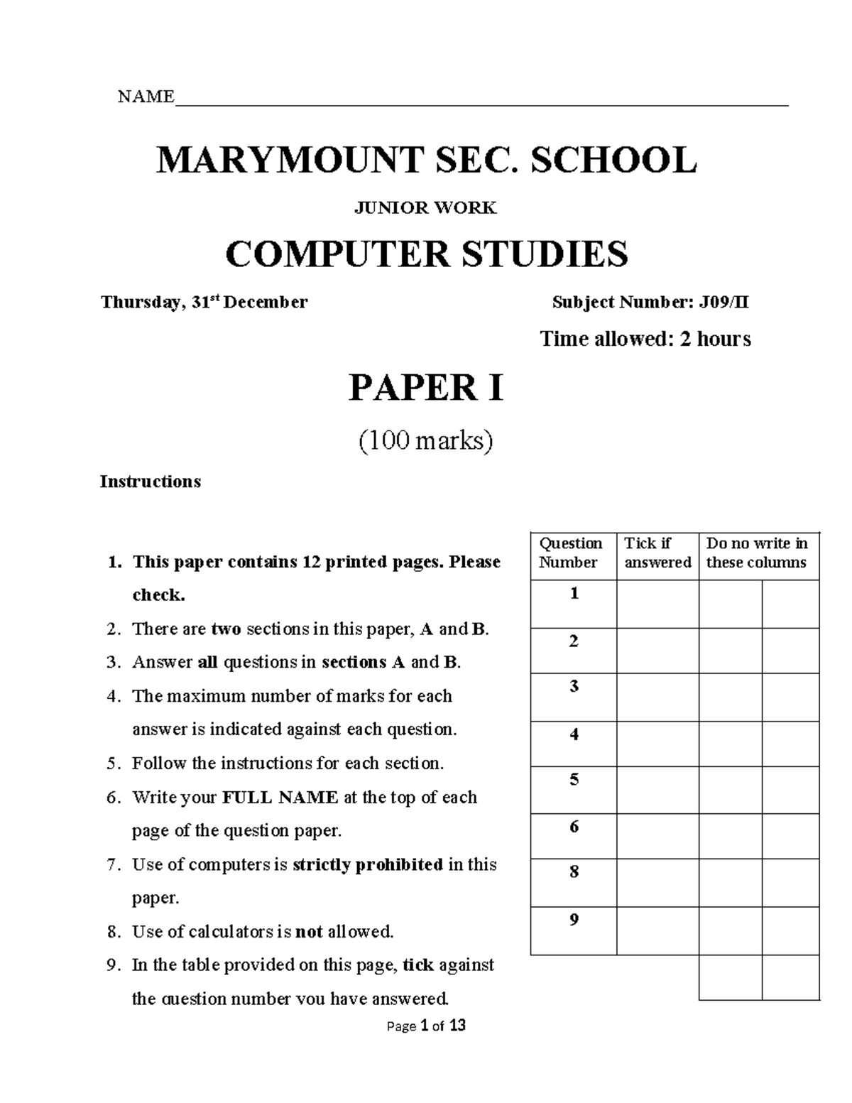 Computer Paper I - test - MARYMOUNT SEC. SCHOOL JUNIOR WORK COMPUTER ...