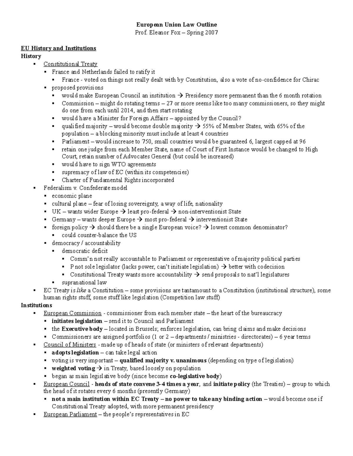 EU LAW REVIEW AND - European Union Law Outline Prof. Eleanor Fox ...