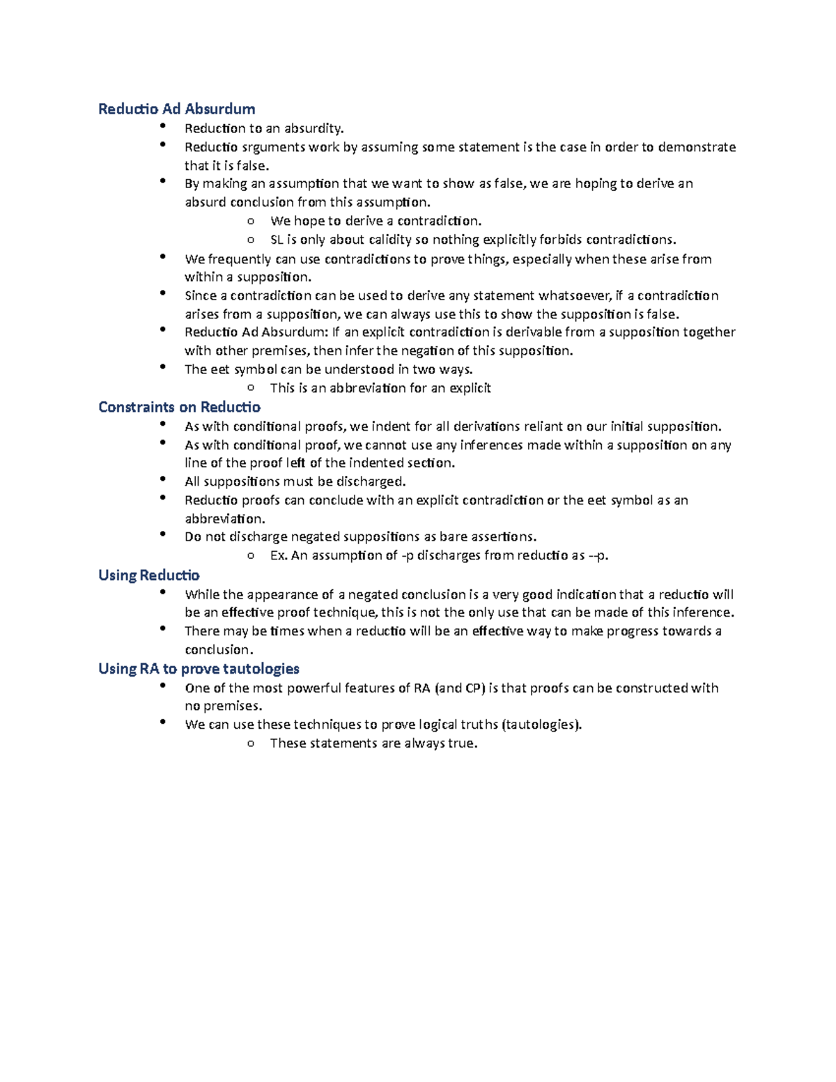 Philos 2B03 RA Notes - Reductio Ad Absurdum Reduction to an absurdity ...