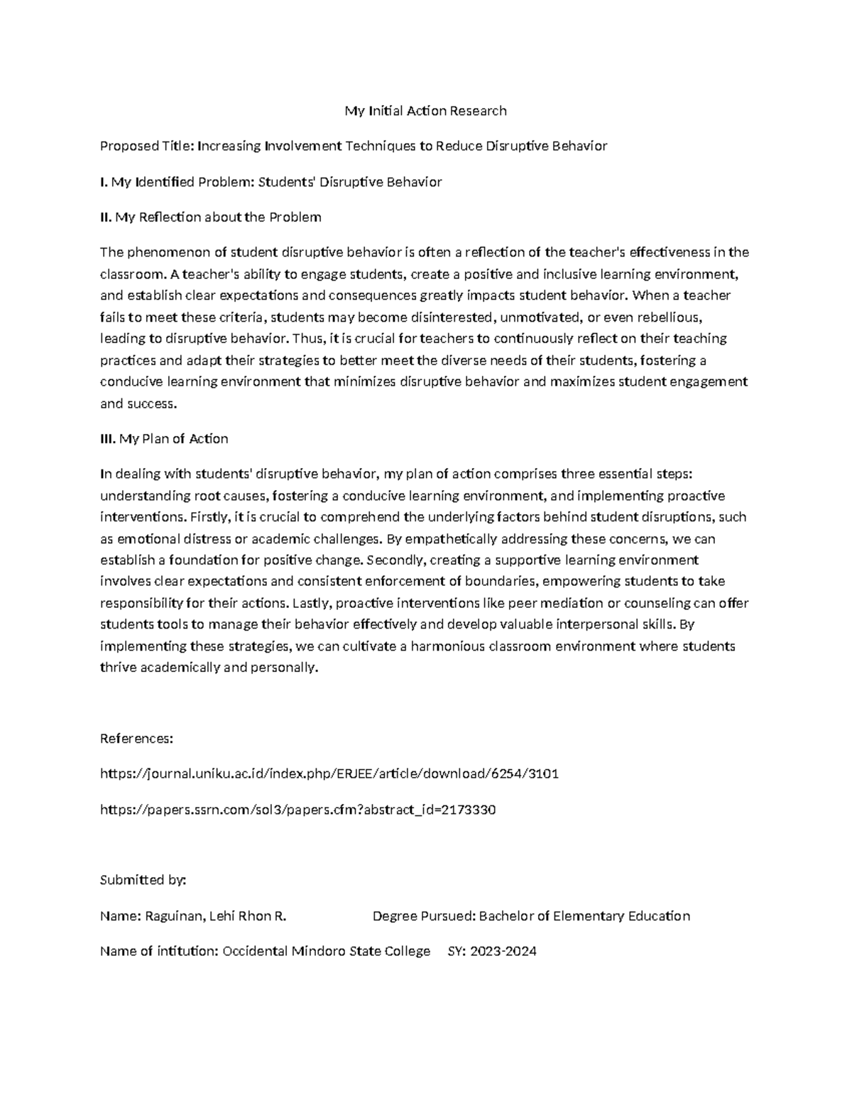 Action Plan - My Initial Action Research Proposed Title: Increasing ...