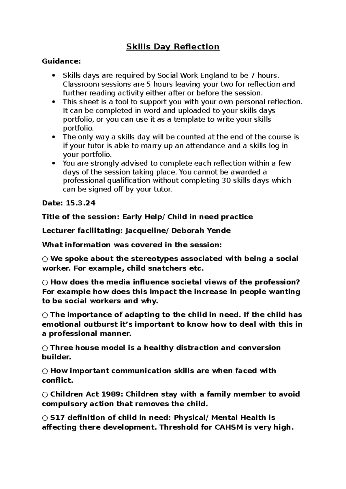 Early Help Skills Day - reflection - Skills Day Reflection Guidance ...