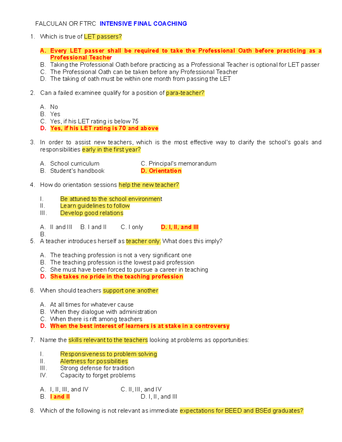 Falculan Profed Final Coaching 1 - FALCULAN OR FTRC INTENSIVE FINAL ...