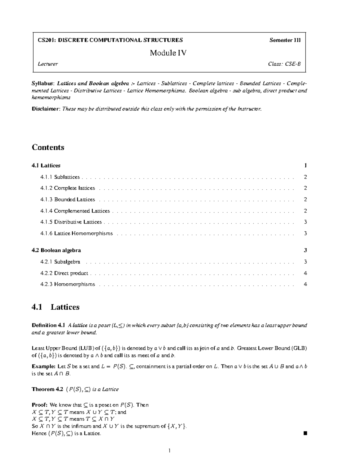 DCS-M4 - Lattices and Boolean algebra :- Lattices –Sublattices ...