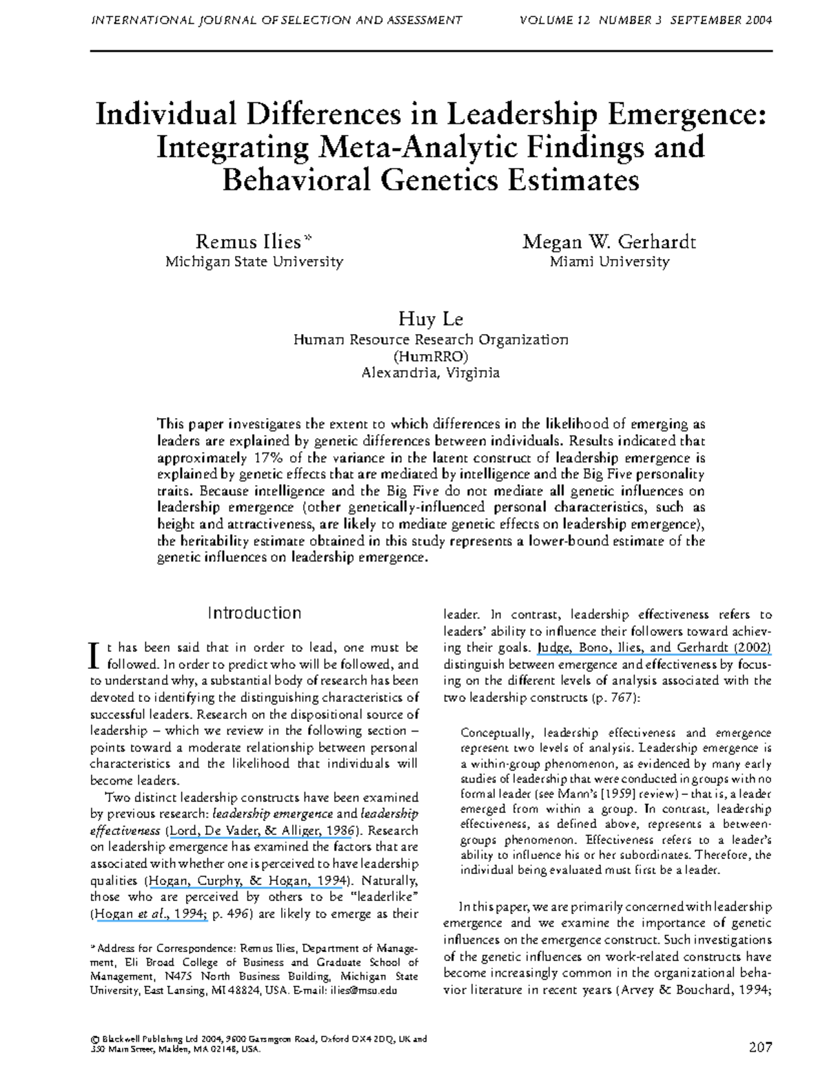 Individual Differences in Leadership Eme - Individual Differences in ...