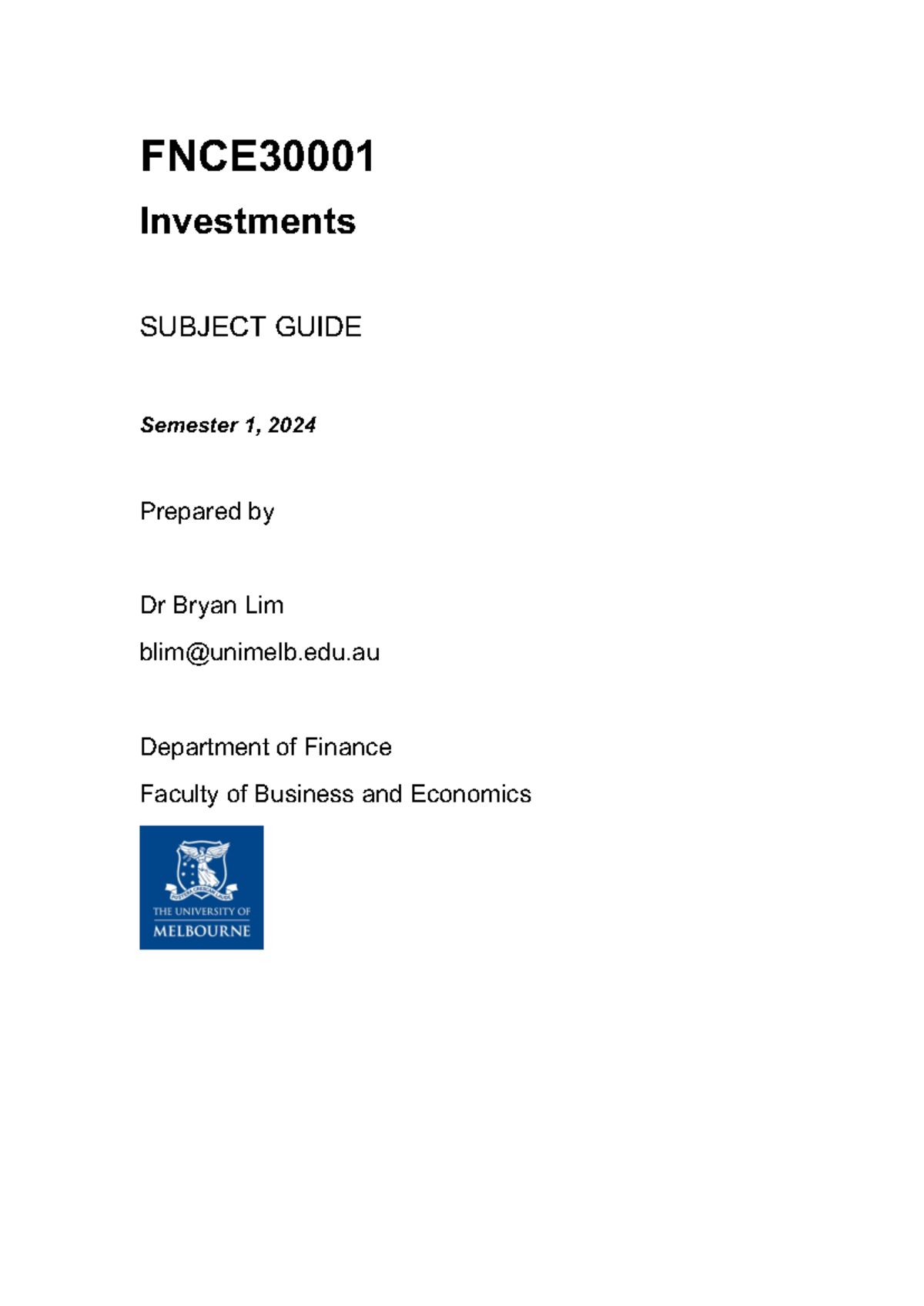 Subject Guide - FNCE30001 - Unimelb - Studocu