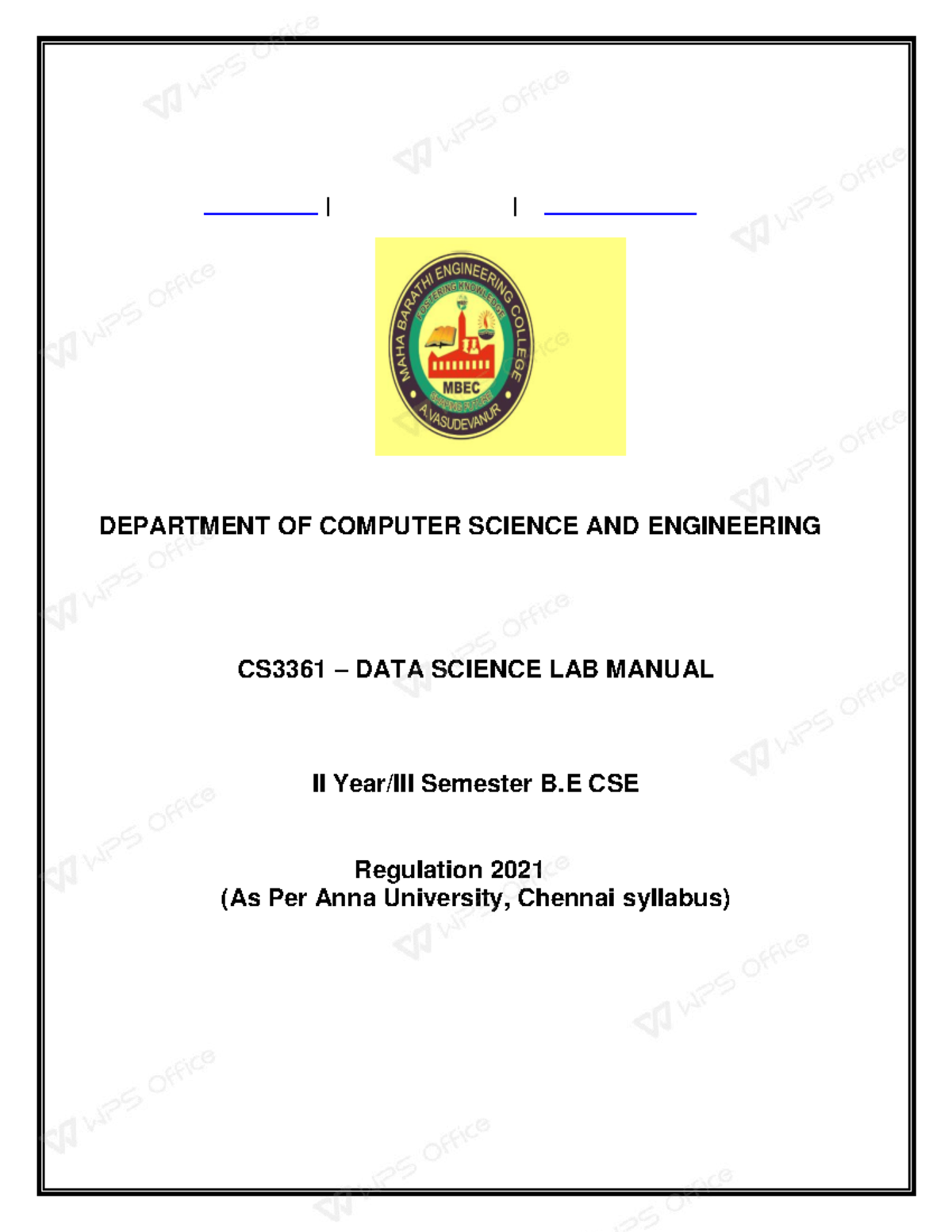 Fds lab manual Insert Watermark - DEPARTMENT OF COMPUTER SCIENCE AND ENGINEERING CS 3361 – DATA ...